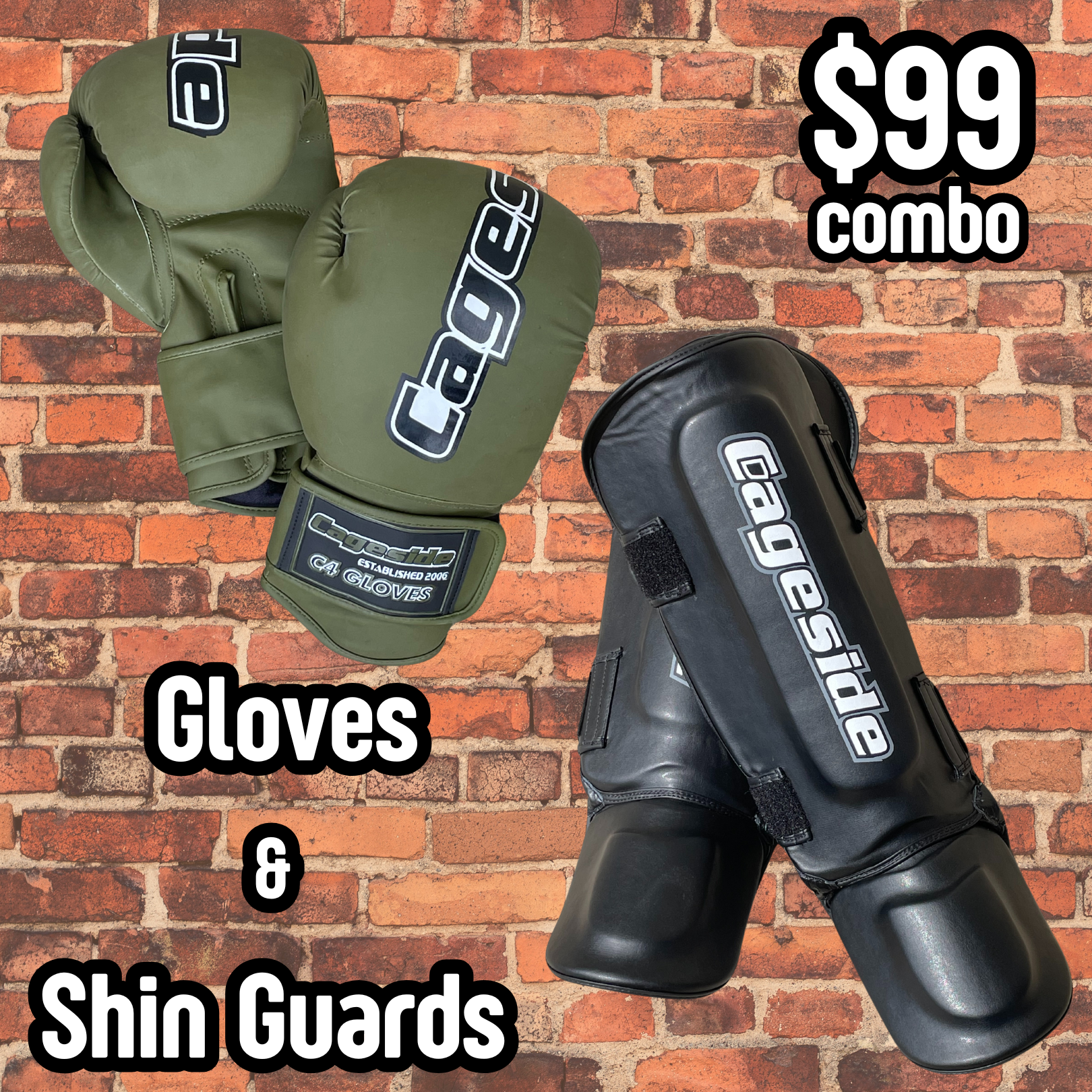 Cageside C4 Boxing Gloves & Grip Shin Guards Combo | Striking Gear